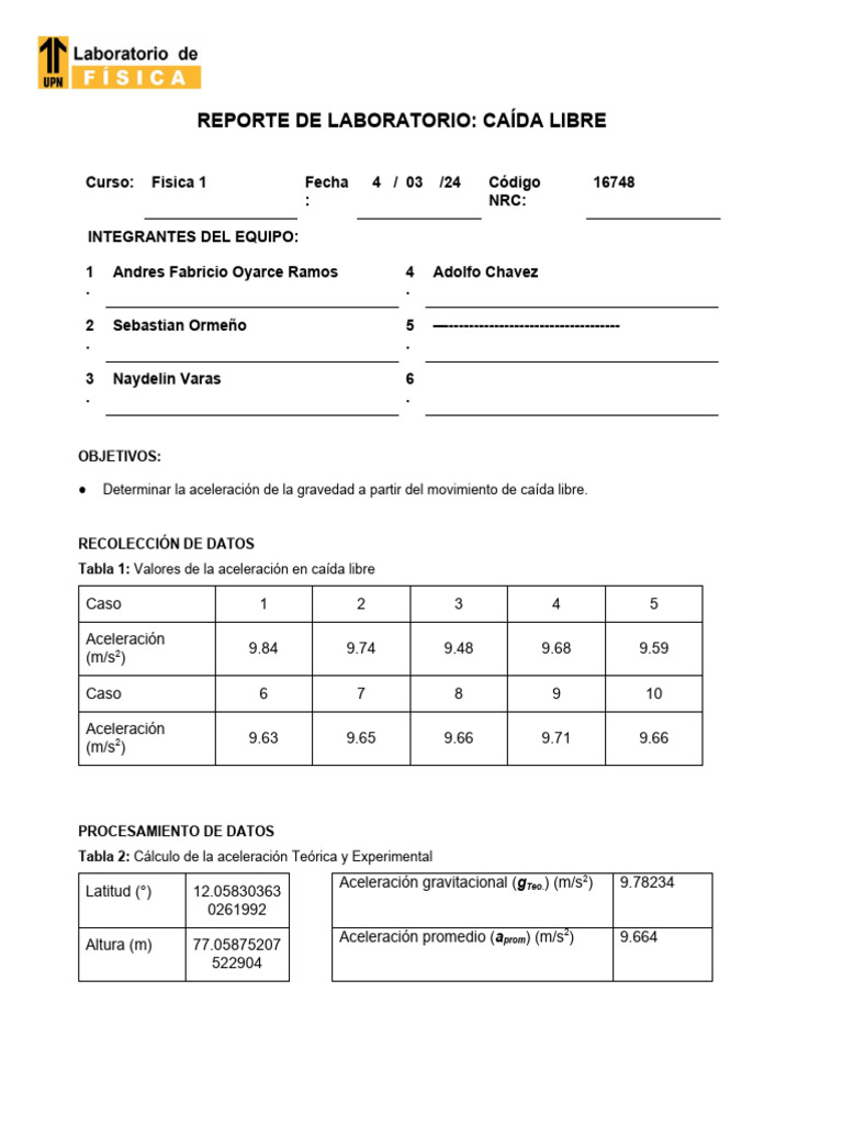 Reporte Lab Fisi1 S03 CL 2024 | PDF | Masa | Mecánica