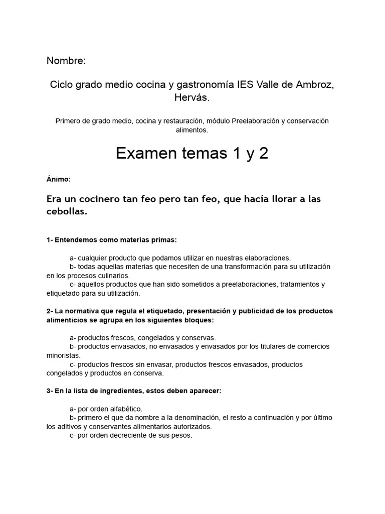 Examen 1 | PDF | Alimentos