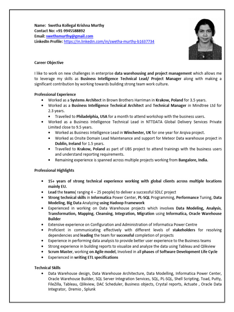 Swetha Kollegal Krishna Murthy - CV | PDF | Data Warehouse | Business Intelligence