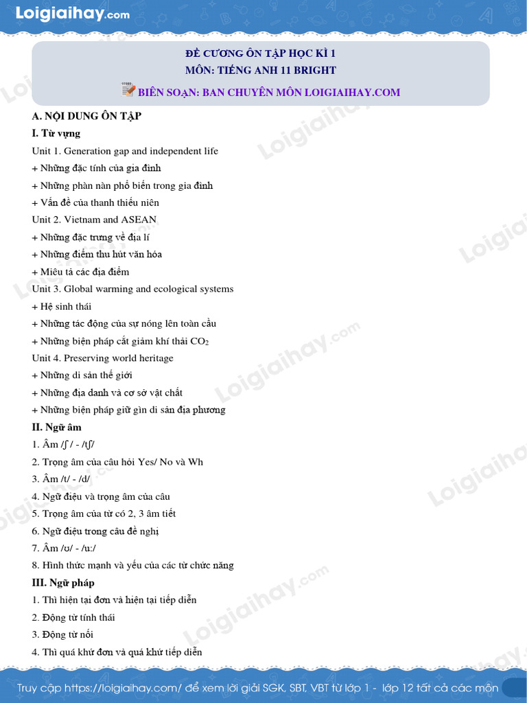 De Cuong On Tap hk1 Tieng Anh 11 Bright Co Dap An 1701241349 | PDF | Hue
