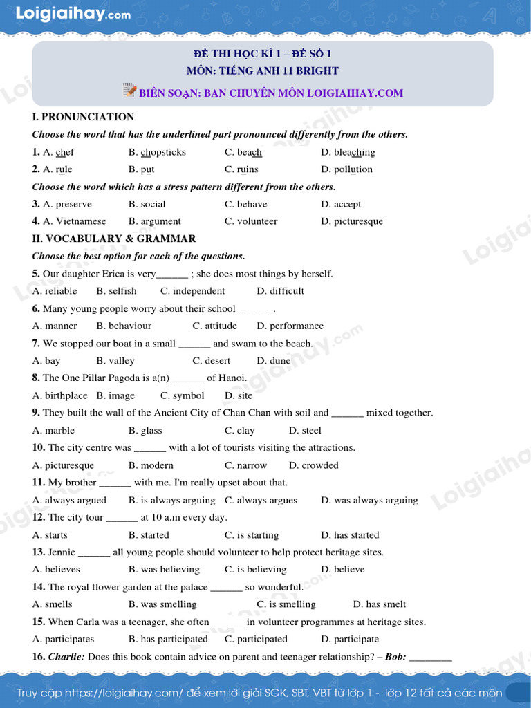De Thi Hoc Ki 1 Tieng Anh 11 Bright de So 1 1701418483 | PDF | Hue