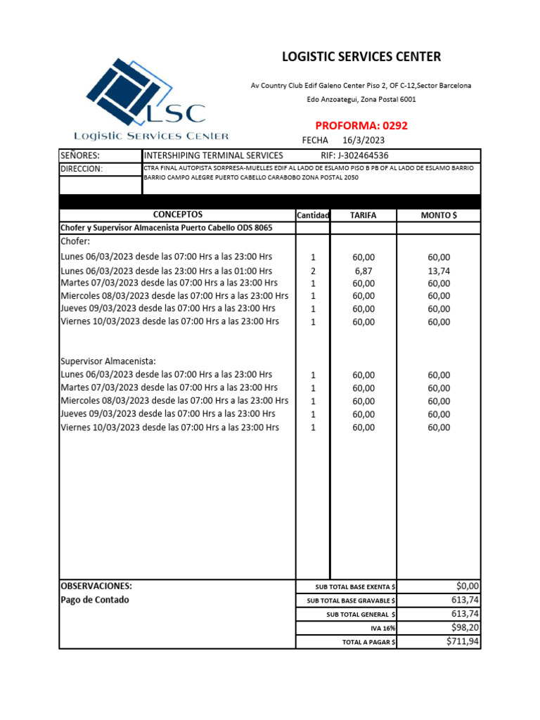 Proforma 0292 Chofer y Supervisor Almacenista Puerto Cabello ODS 8065 | PDF