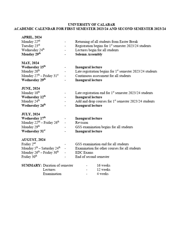 Academic Calendar For Second Semester Calabar | PDF