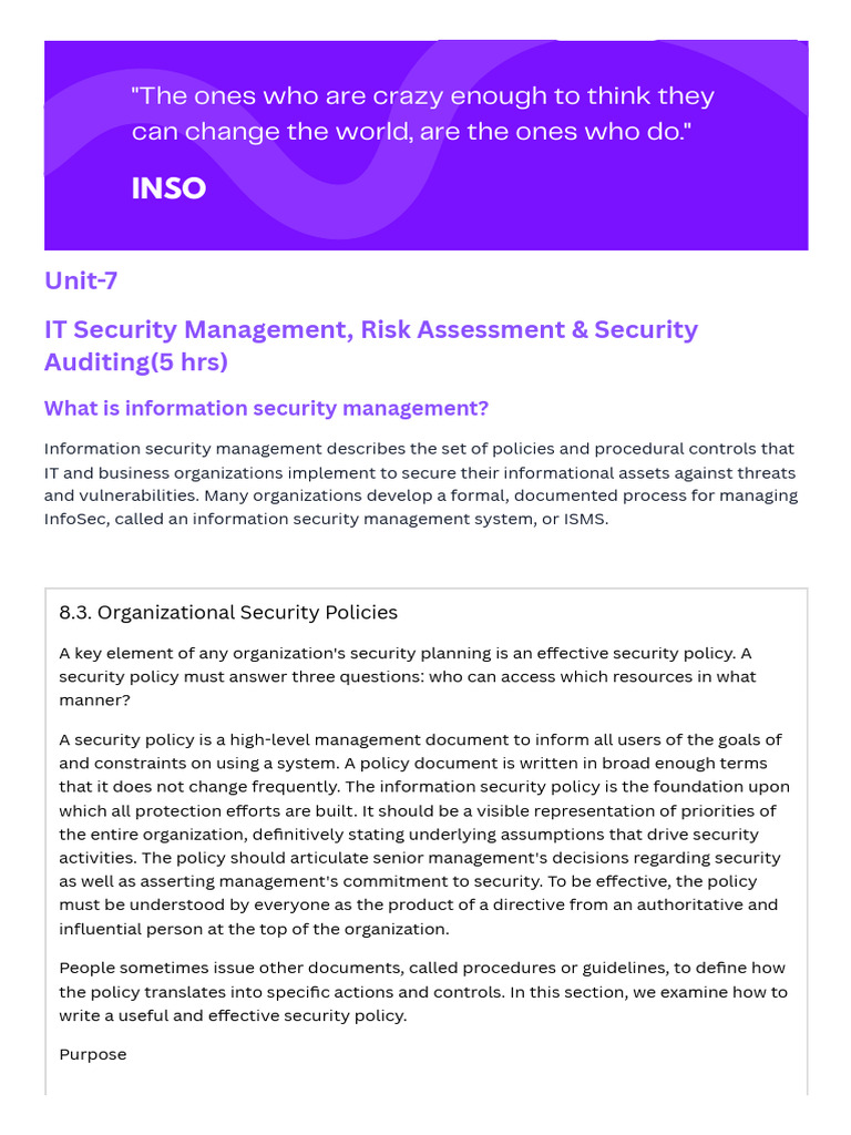 UNIT 7 - IT Security Management Risk Assessment Security Auditing5 Hrs ...