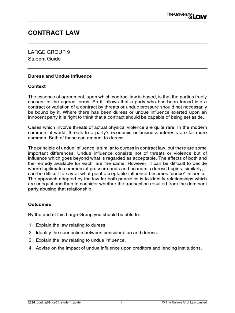 Contract Law- Unit 9- Student Guide | PDF | Misrepresentation | Coercion
