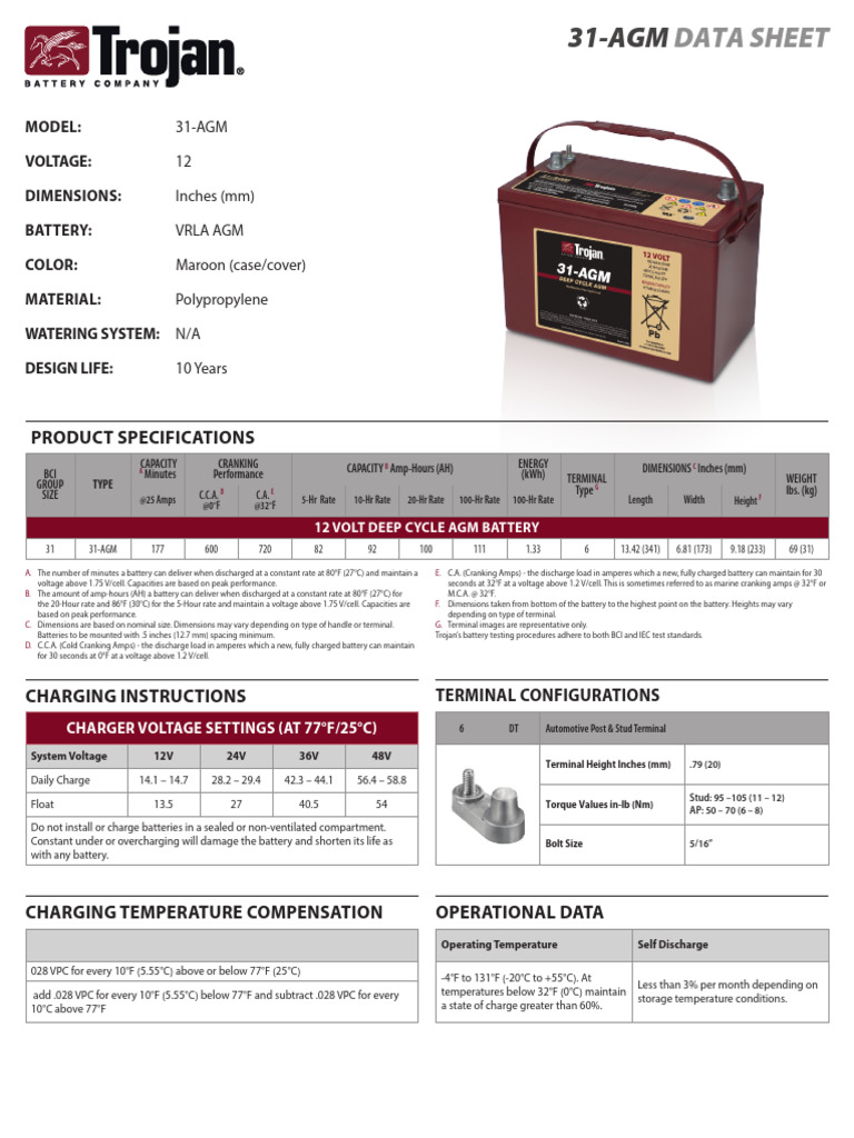 31AGM Trojan Data Sheets | PDF | Electricity | Electrical Engineering