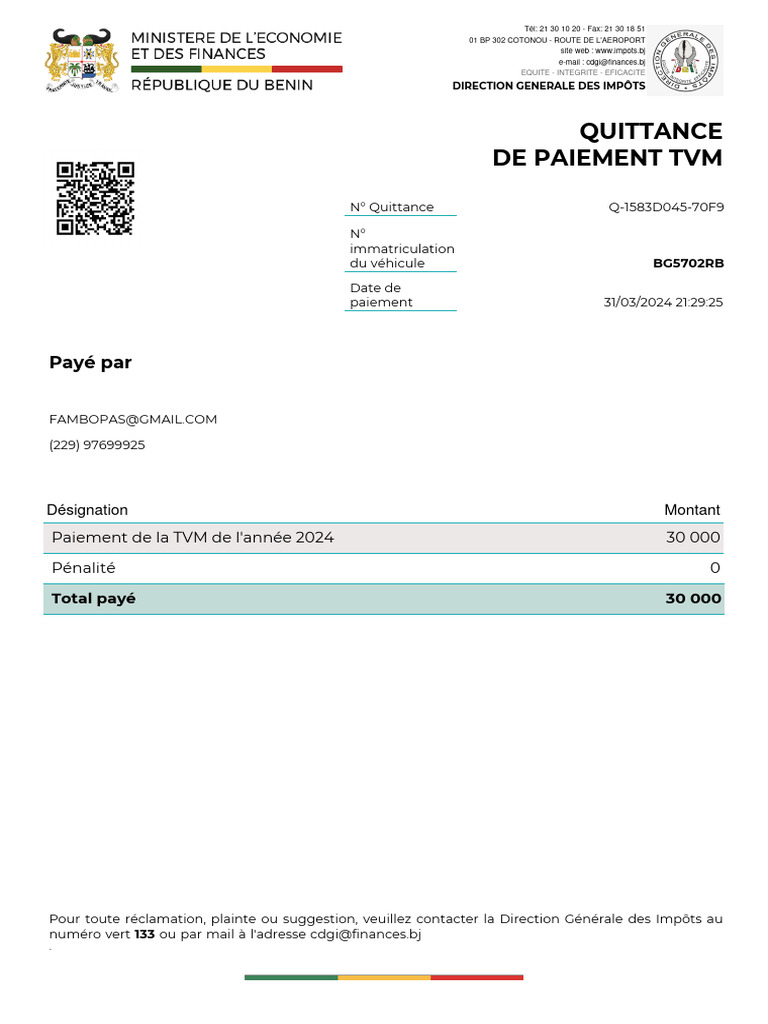 Quittance de Paiement TVM 2024 | PDF