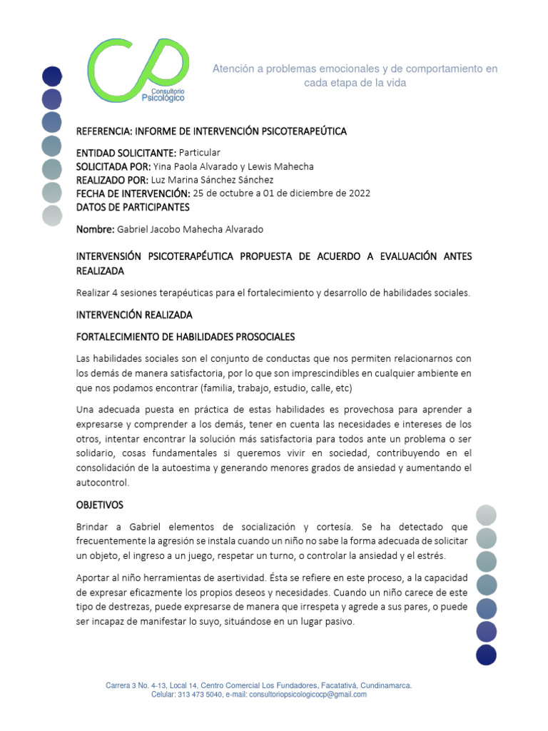 Informe de Intervención Psicoterapeútica Gabriel Jacobo | PDF ...