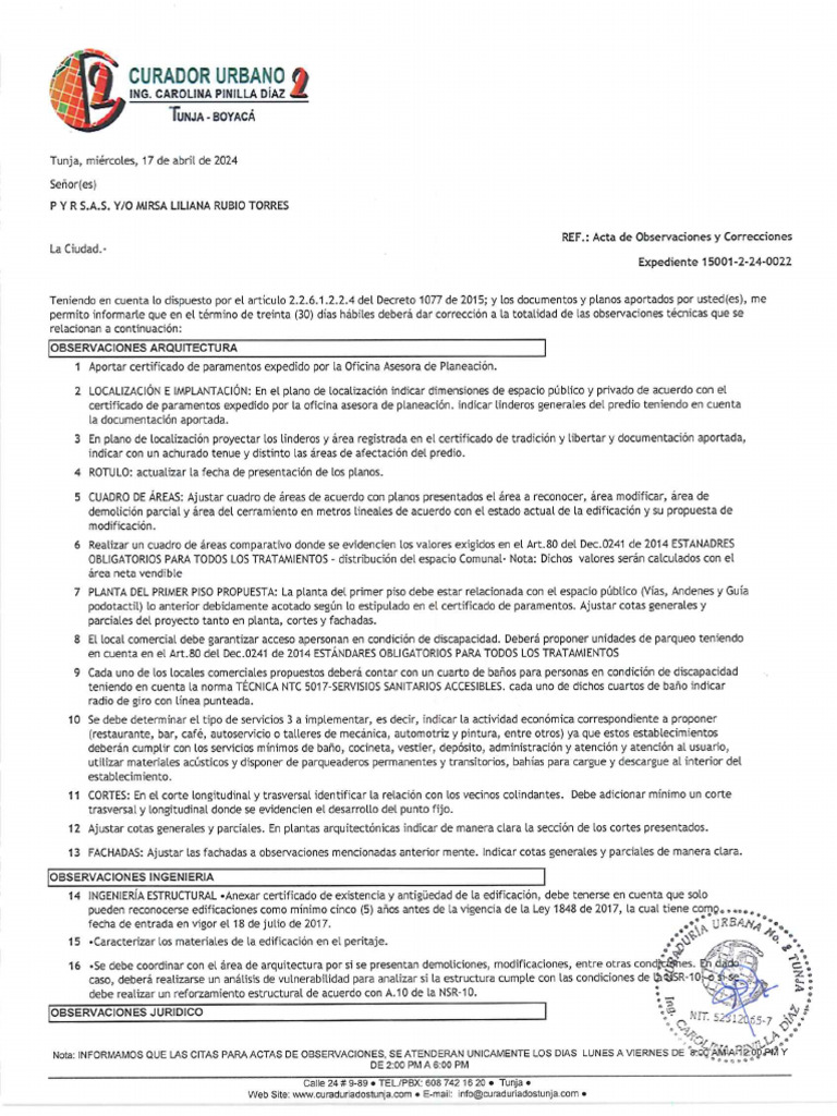 Acta de Observaciones Expediente 15001-2!24!0022 | PDF