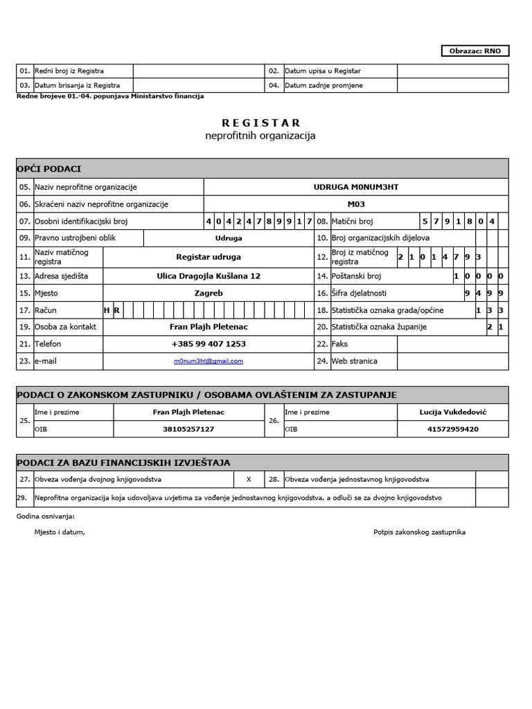 Registar - Obrazac RNOpo 1 | PDF
