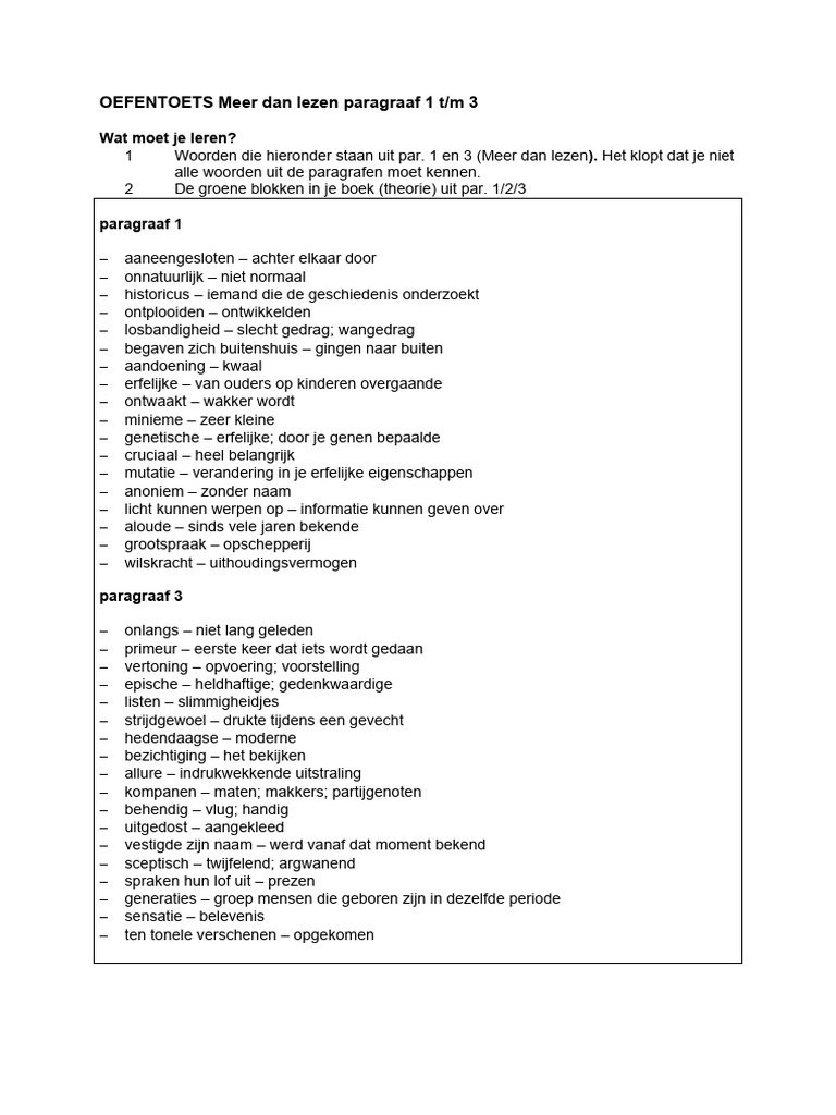 Oefentoets Meer Dan Lezen Par. 1,2,3 | PDF
