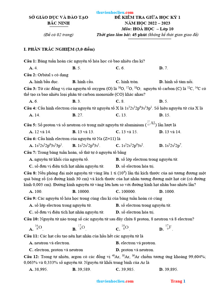 thuvienhoclieu.com-De-KT-giua-HK1-Hoa-10-So-GD-Bac-Ninh-2022-2023 | PDF