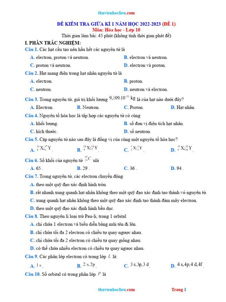 Bo de On Tap Hoa 10 Giua HK1 Nam 2022 2023 | PDF