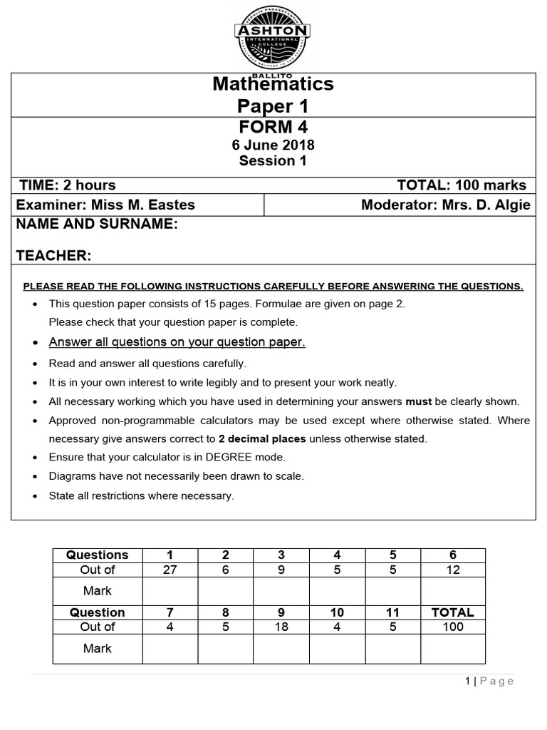 Grade 11 JUNE Paper 1 2018 | PDF | Quadratic Equation | Elementary Mathematics