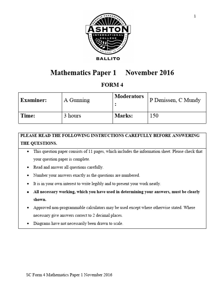 Form 4 Math Exam Paper 2016 | PDF | Mathematics