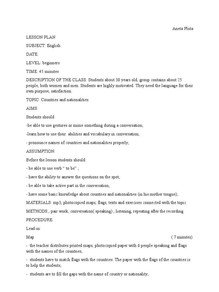 Lesson Plan Countries and Nationalities | PDF | Lesson Plan | Vocabulary