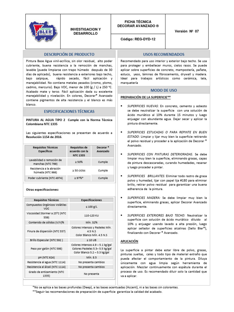 Hoja de Seguridad Pinturas Bler | PDF | Pinturas | Hormigón