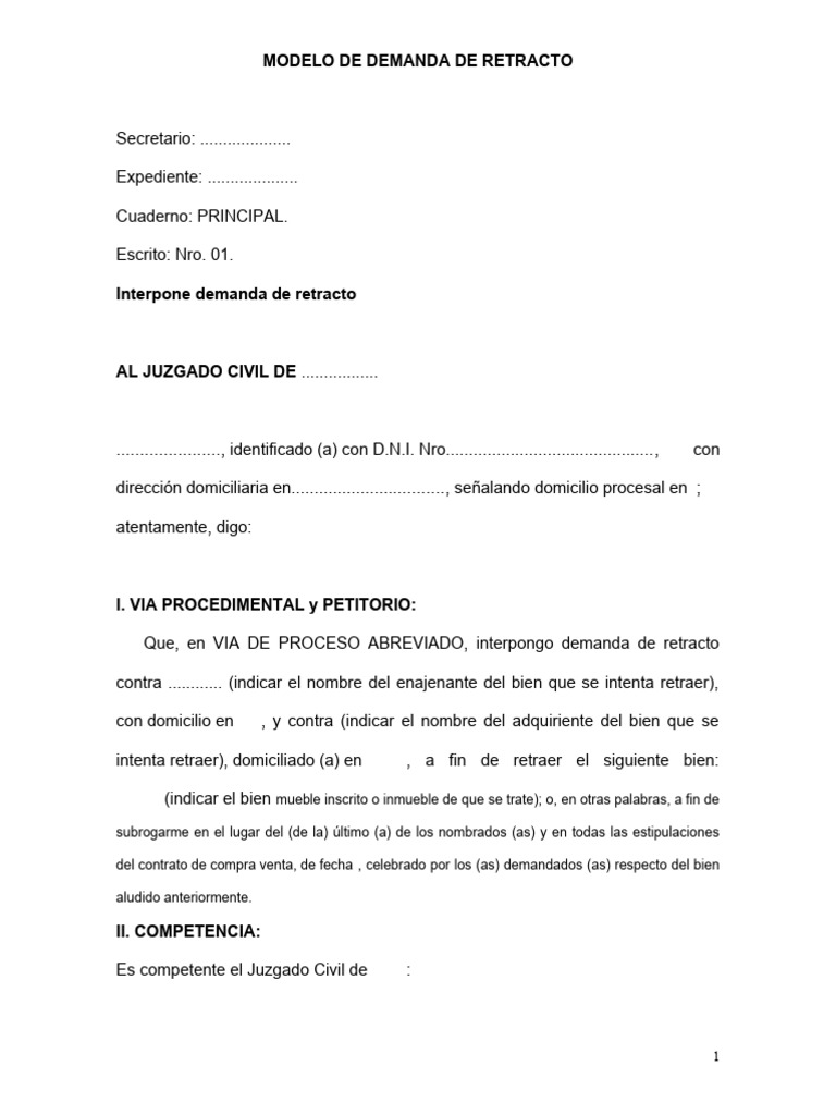 Modelo de Demanda de Retracto | PDF | Demanda judicial | Justicia