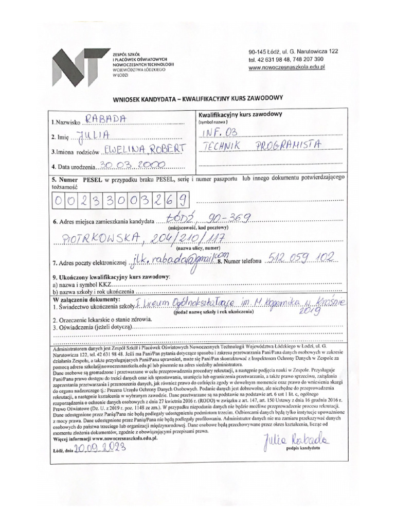 Wniosek KKZ Technik Programista | PDF