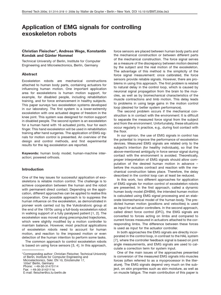 Application of EMG Signals For Controlli | PDF | Electromyography | Force