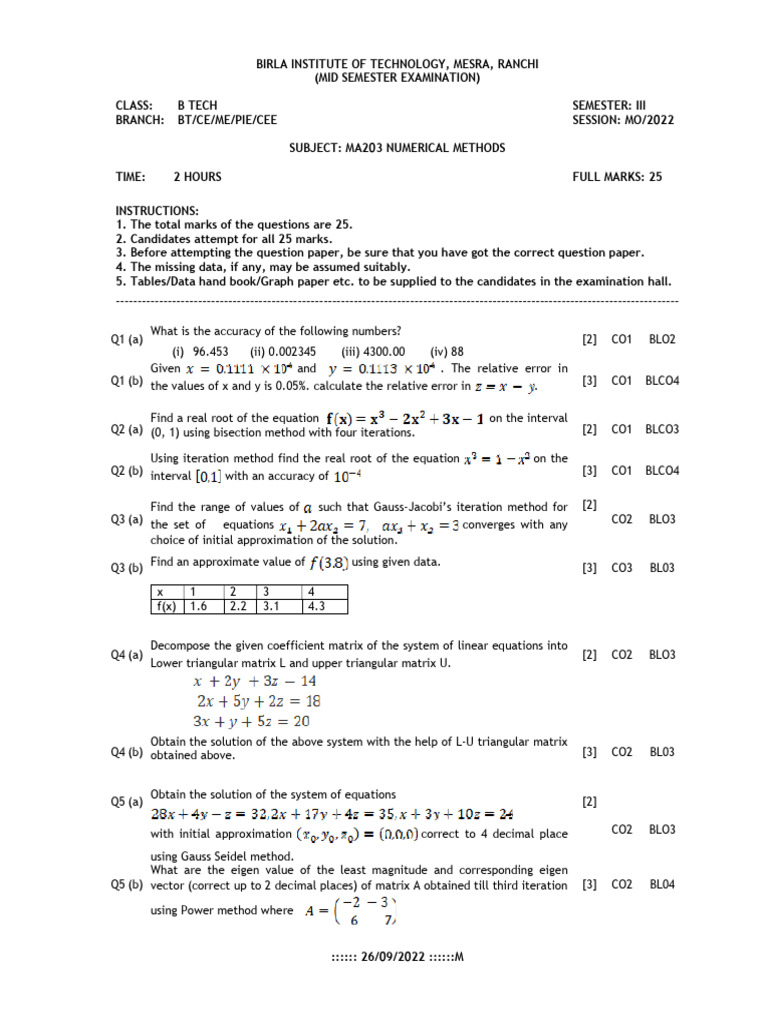 Ma203 Numerical Methods (Mid - Mo22) | PDF | Numerical Analysis | Matrix (Mathematics)