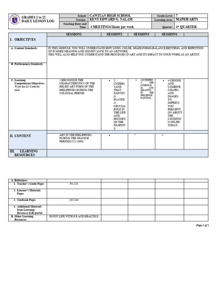G7_DLL_MAPEH_ARTS_Q4-2 | PDF | Teachers | Learning