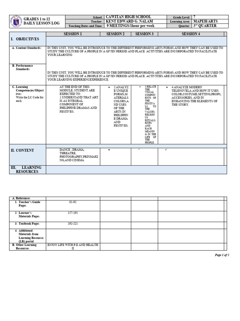 G7 DLL Mapeh Arts Q3 | PDF | Learning | Teachers G7 DLL Mapeh Arts Q3 | PDF | Learning | Teachers