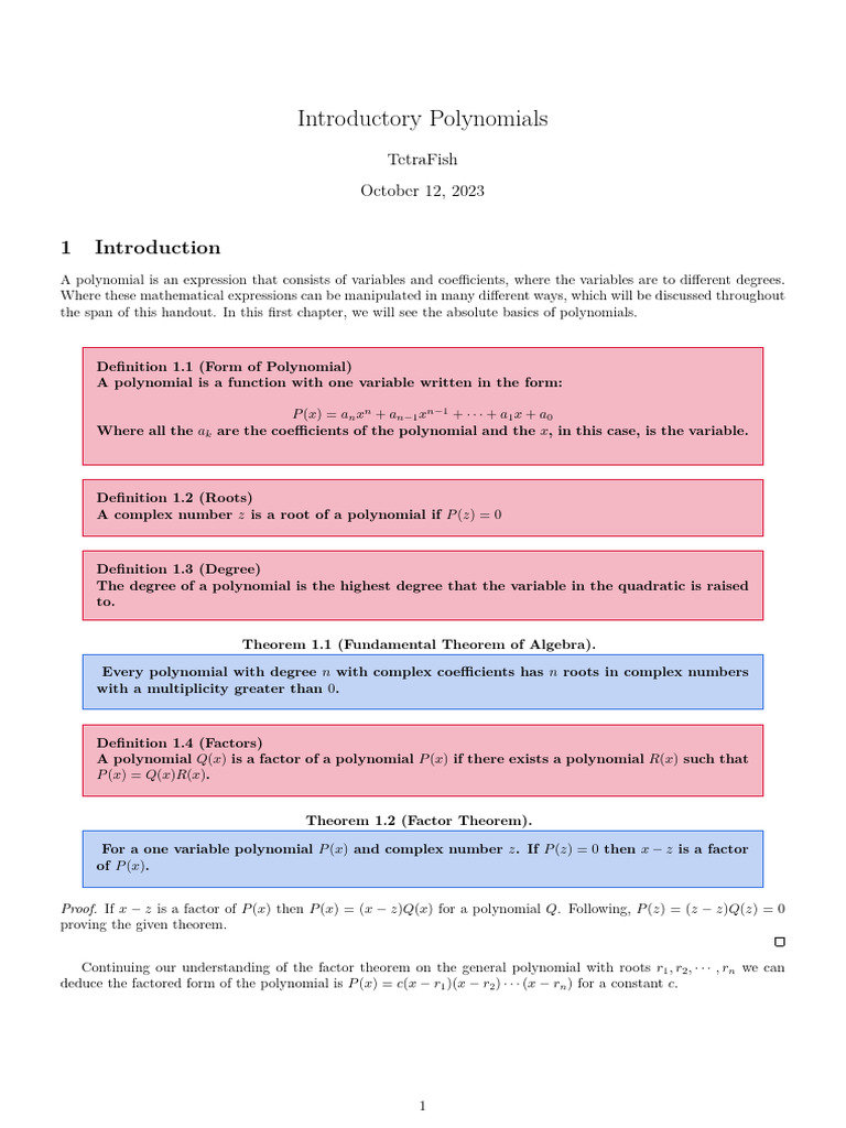 Intro to Polynomials & Theorems | PDF | Factorization | Quadratic Equation