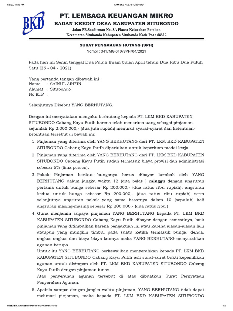 Surat Pengakuan Hutang BKD 341 | PDF
