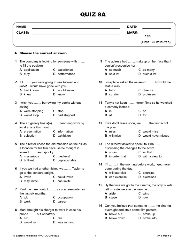 15 OnScreen B1 Quiz 8A | PDF