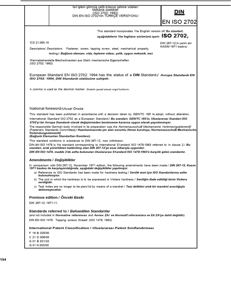 DIN EN ISO2702-94 | PDF | Screw | International Organization For ...