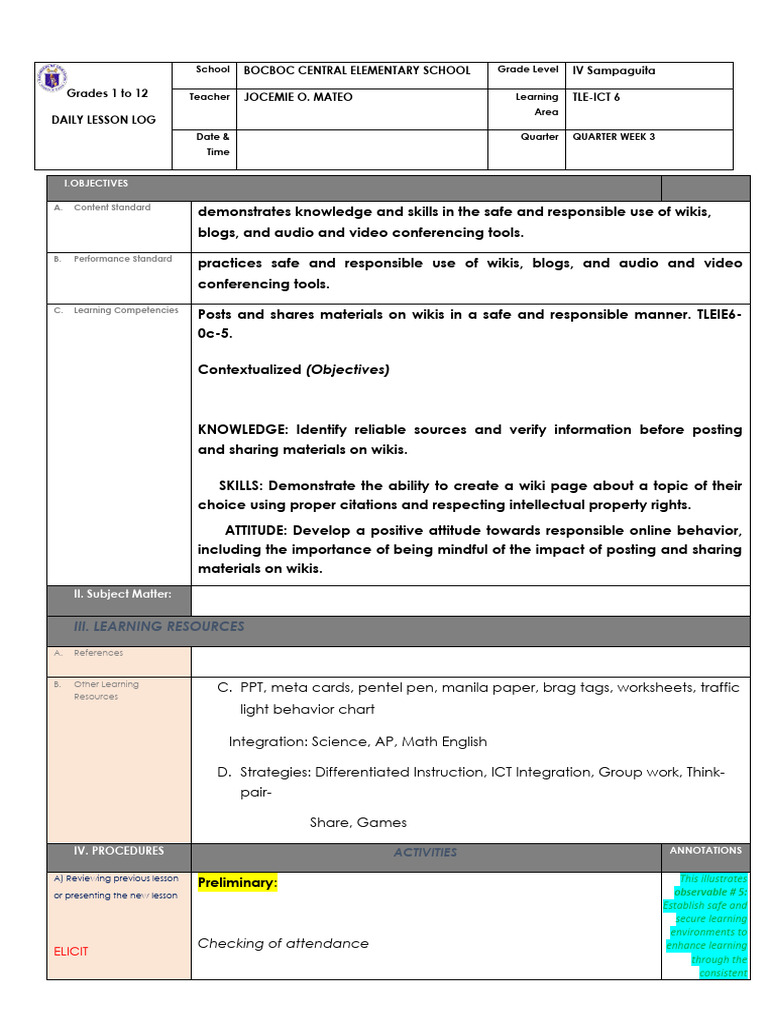 Cot TLE ICT 6 - WIKIS WK 3 | PDF | Wiki | Learning