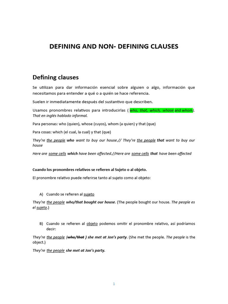 DEFINING AND NON DEFINING CLAUSES (Spanish) | PDF | Semantics ...