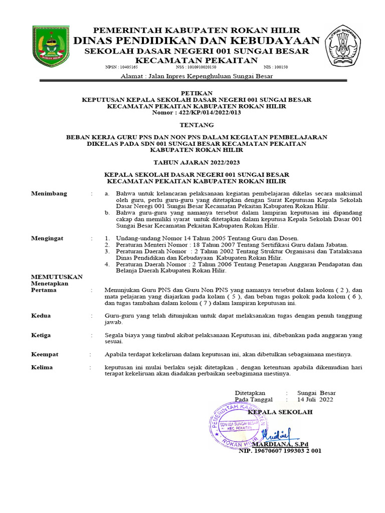 SK Beban Tugas 2022 SDN 001 SBR | PDF