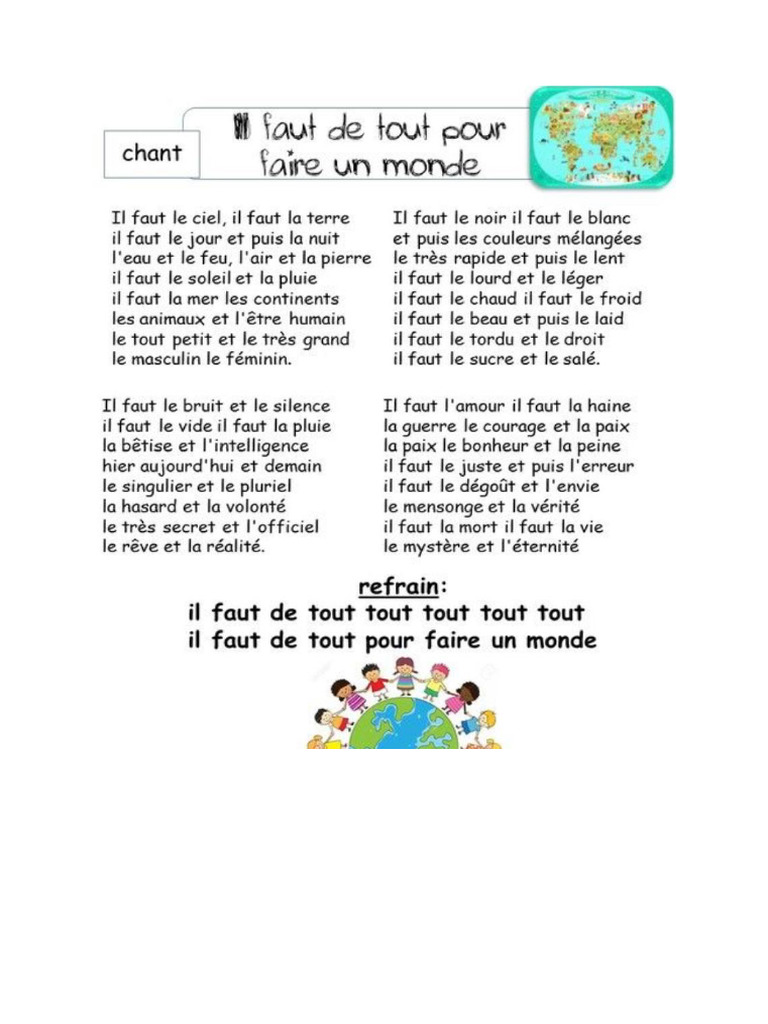 CHANSON Il Faut Tout Pour Faire Un Monde | PDF