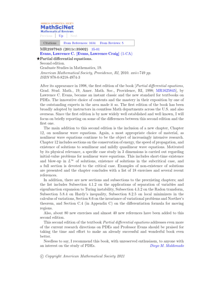 Mr2597943 (2011C:35002) Fpartial Differential Equations.: 35-01 Evans ...