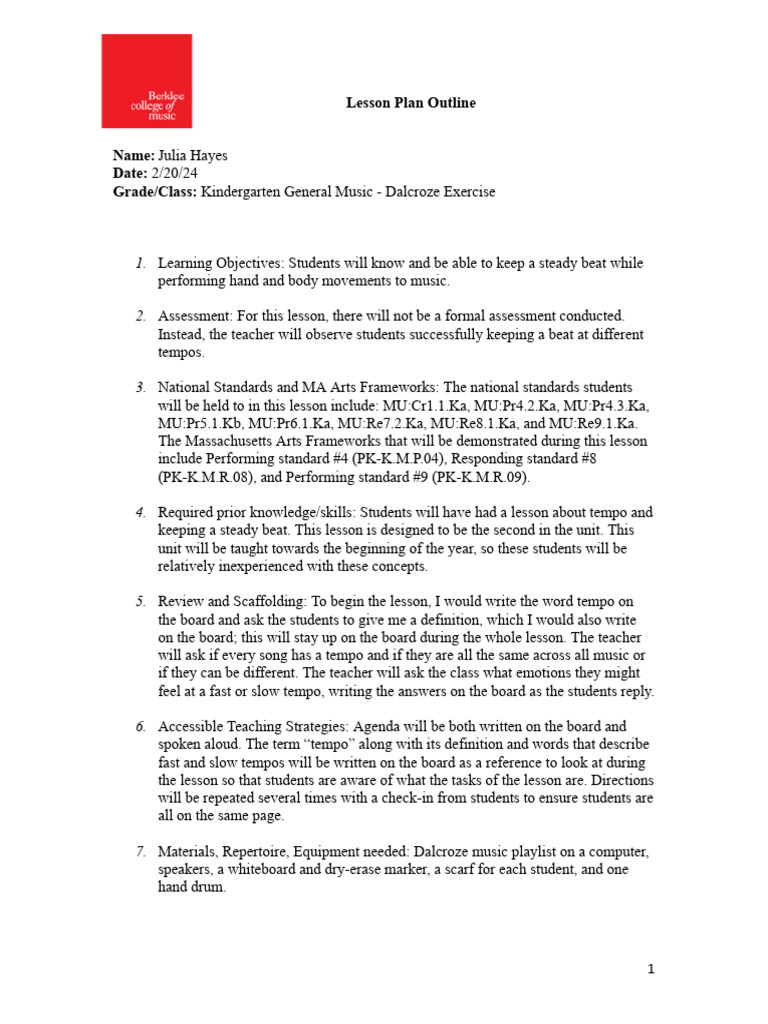 dalcroze lesson plan | PDF | Teachers | Behavior Modification