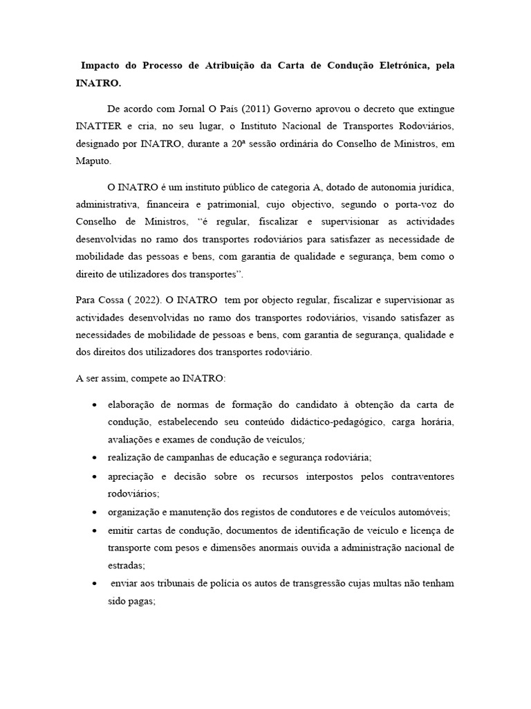 Impacto da Carta de Condução Eletrónica INATRO | PDF
