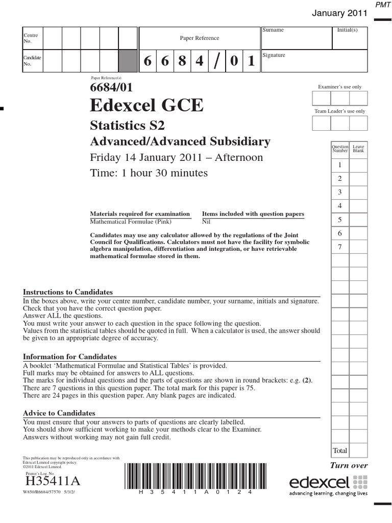 January 2011 QP - S2 Edexcel | PDF | Probability Distribution | Mathematics
