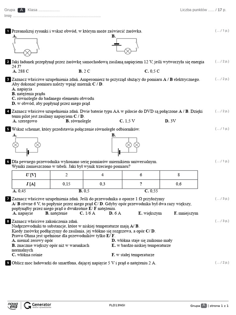 Test Prąd Elektryczny Test | PDF