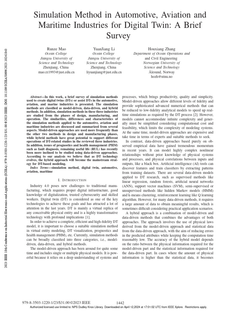 Simulation Method in Automotive Aviation and Maritime Industries For Digital Twin A Brief Survey ...