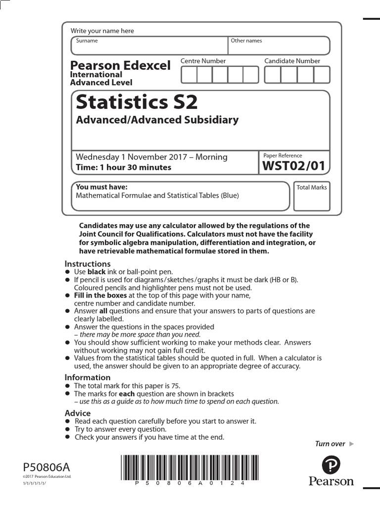 October 2017 (IAL) QP - S2 Edexcel | PDF | Applied Mathematics | Mathematics