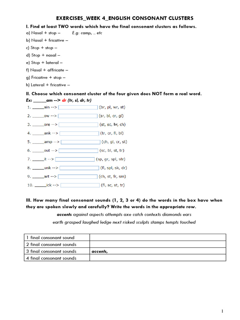 English Consonant Clusters Practice | PDF | Language Arts & Discipline