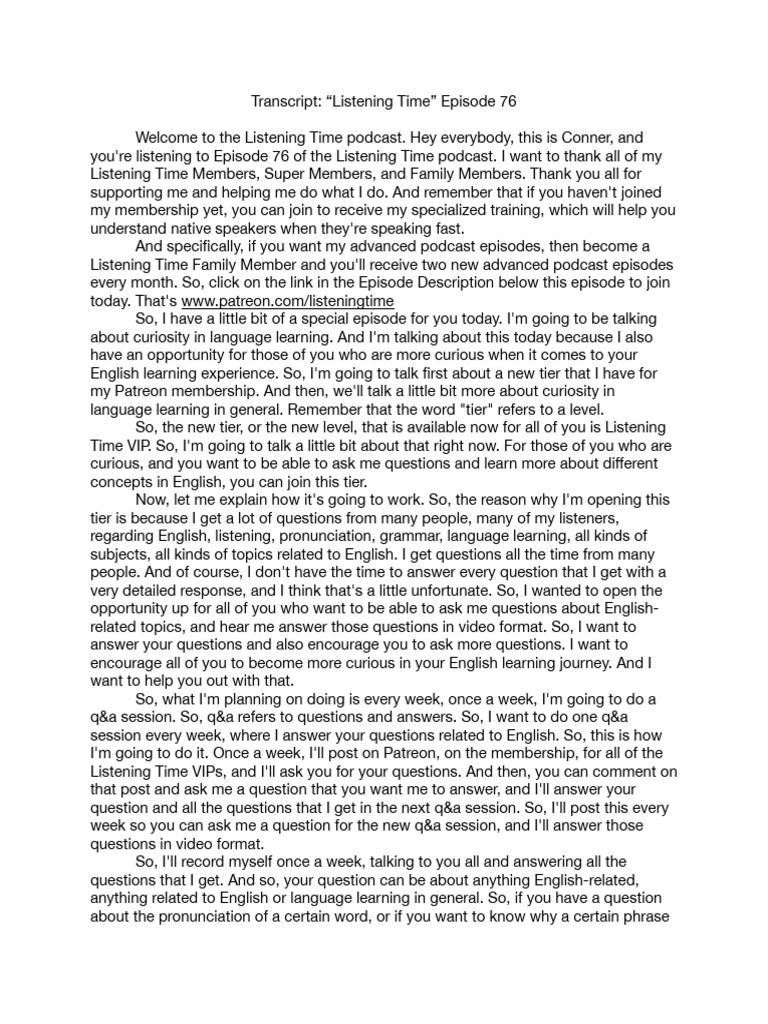 Episode 76 Transcript - Listening Time Curiosity in Languaje Learning ...