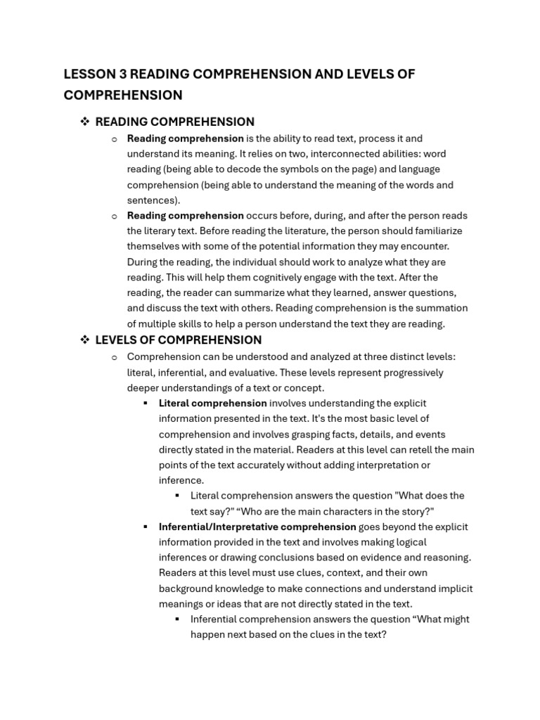 Lesson 3 Reading Comprehension and Levels of Comprehension | PDF ...