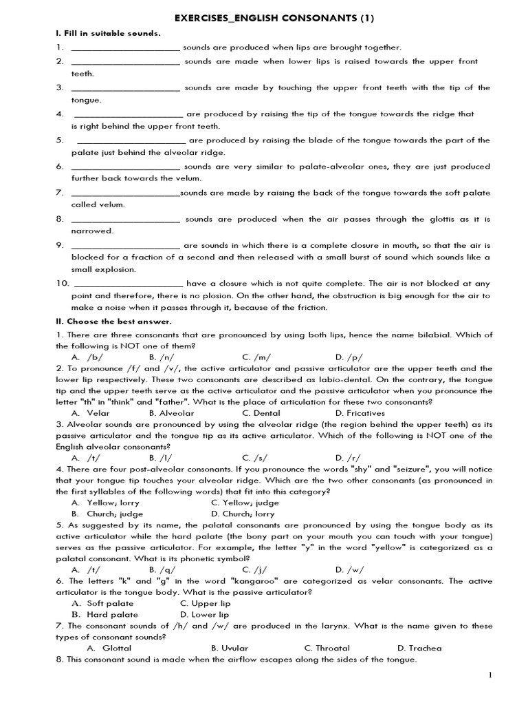 WEEK 3_EXERCISES_ENGLISH CONSONANTS (1) | PDF | Consonant | Phonetics