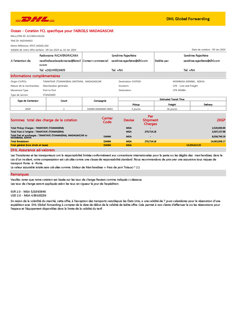Cotation FCL: Tamatave à Mombasa | PDF | Taux de change | Transport de ...