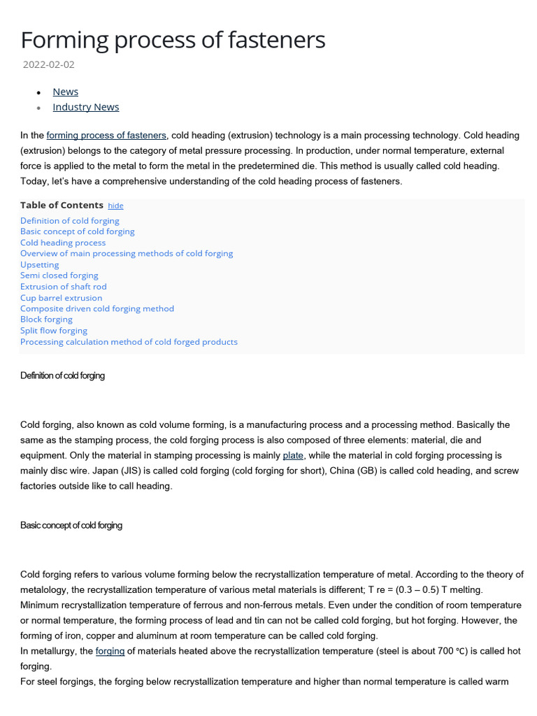 Forming Process of Fasteners | PDF | Forging | Extrusion