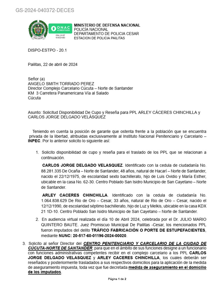 Gs-2024-040372-Dece Solicitud PPL Centro Penitenciario | PDF | Policía | Gobierno
