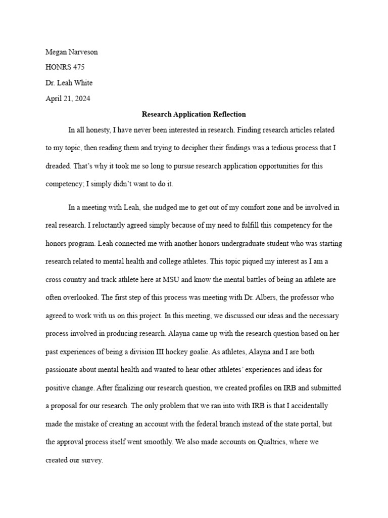 Research Application Reflection | PDF | Qualitative Research | Statistics